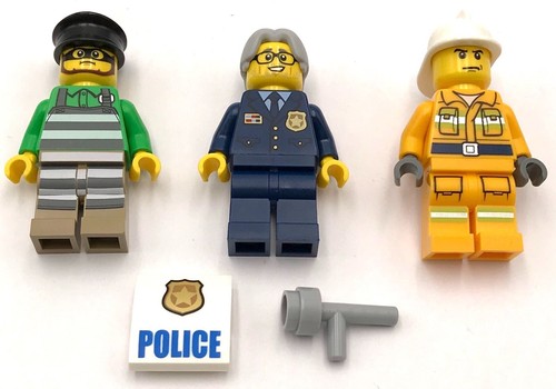 Lego 3 New Minifigures Police Chief Wheeler Fire Stripes Jail Prisoner ...