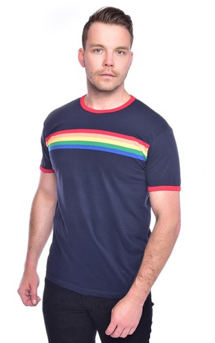 Mens Run & Fly Navy Retro Indie Rainbow Striped Ringer T-Shirt 60s 70s ...