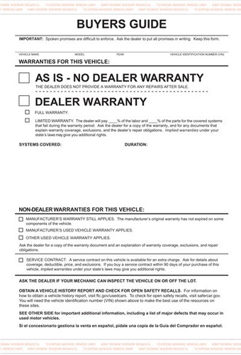 Car Dealer Buyers Guide Forms, AS IS, 300 count, Car Lot Forms | eBay