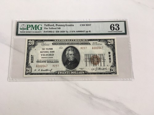 20.00 1929 National Bank Note Telford Pennsylvania PMG 63 Choice Unc ...
