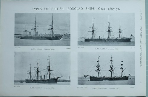 1897 PRINT BRITISH IRONCLAD SHIPS HMS WARRIOR CALEDONIA LORD WARDEN ...