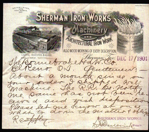 1901 Sherman Texas Iron Works Machinery - Architectural Iron - Letter ...