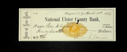 RN-F1 - National Ulster County Bank - Bank Check - Kingston NY - 1876 ...