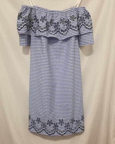 B. Darlin Off Shoulder Ruffle Shift Dress Juniors 3/4 Blue White Check ...