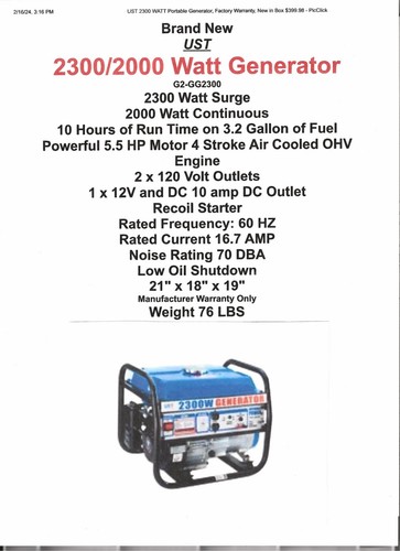 Brand NEW UST 2300 Watt Portable Generator $300. Pickup from Genoa, IL ...