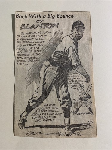 Cy Blanton Pittsburgh Pirates 1938 Sporting News Baseball 4X7 Cartoon ...