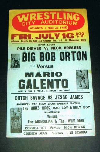 RARE 1965 wrestling poster ATLANTA BOB ORTON MARIO GALENTO Savage ...