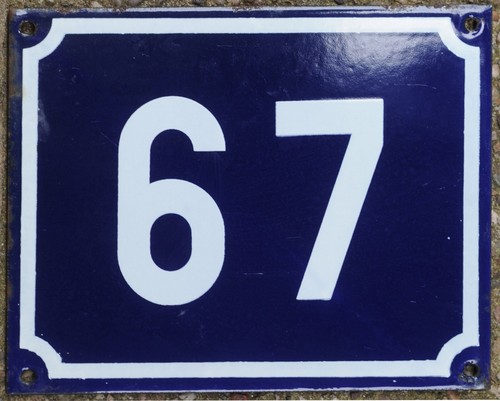 Large old blue French house number 67 door gate plate plaque enamel ...