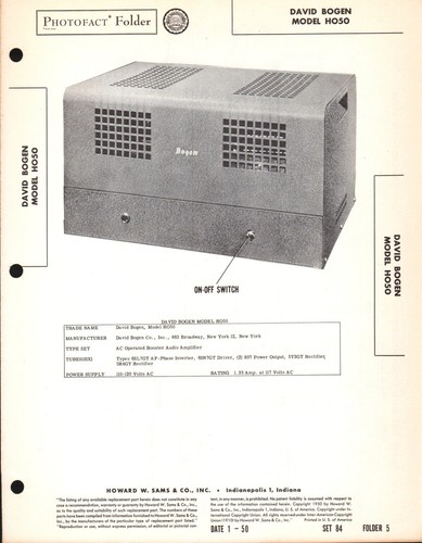 Sams Photofact David Bogen HO50 Tube Amp Service Manual w/ Schematics ...