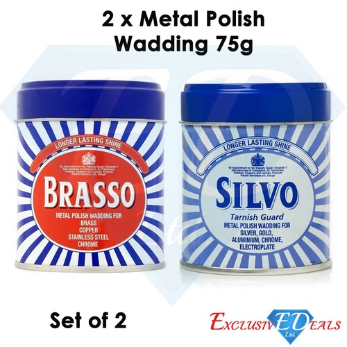 Set of 2 Brasso/Silvo Metal Polish Wadding 75g For Gold, Silver, Chrome ...