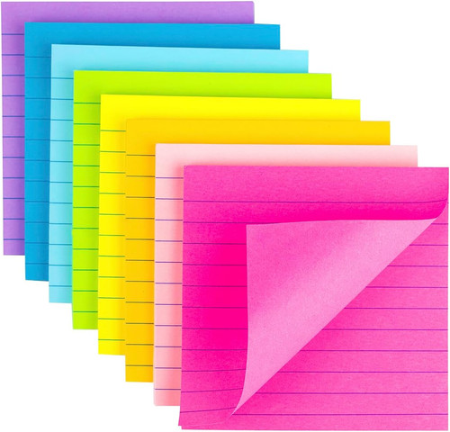 (8 Pack) Lined Sticky Notes 4x4 Bright Stickies Colorful Super Sticking ...