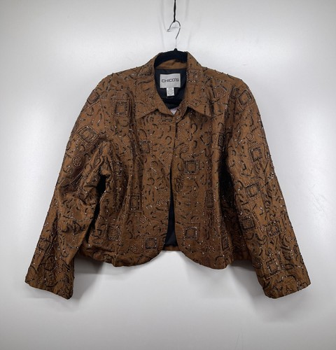 Chico’s Jacket Silk Blend Brown Bronze Sq Maze Mariah Blazer Beaded 3 ...