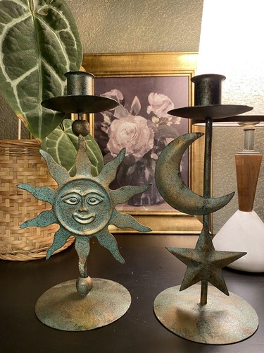 Brutalist Celestial Metal Art Green Patina Candle Holders Star Moon Whimsigoth | eBay