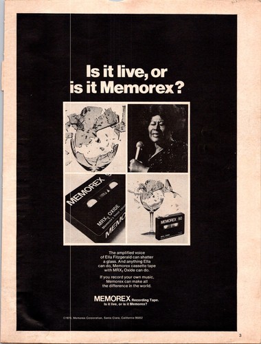 1976 VINTAGE 8X11 PRINT Ad FOR IS IT LIVE OR MEMOREX CASSETTES ELLA ...