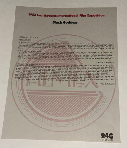 Black Goddess 1983 Filmex Program Film Schedule Ola Balogun Nigerian ...