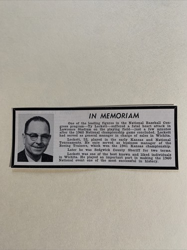 Ty Lockett In Memoriam National Baseball Congress Wichita 1960 Baseball ...