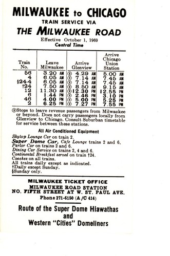 MILWAUKEE ROAD RAILROAD - CHICAGO TO MILWAUKEE TIMETABLE - 10/1/1969 | eBay