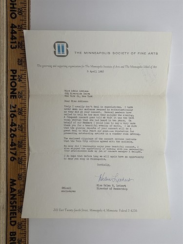 1962 Letter Minneapolis Society Fine Arts School Adele Addison Opera ...