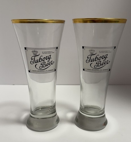 TUBORG Pilsner 12 Oz Beer Glasses Set Of 2 WITH GOLD RIM Denmark 1980’s ...