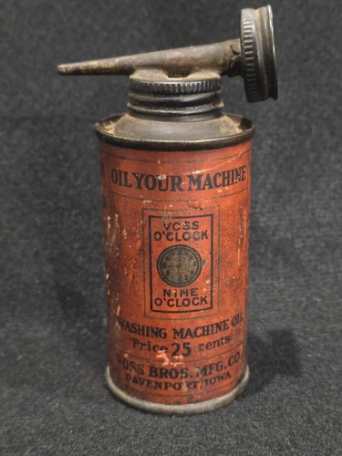 Voss O'clock 25 cent washing machine tin oil can lead spout advertising ...