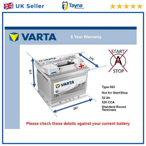063 Car Battery Varta C6 12V 52Ah 520CCA - Exide EA472 Equivalent for ...