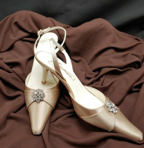 Formal Gold Satin Pumps Shoes 7 Rhinestones Strappy Square Toe Shoes ...