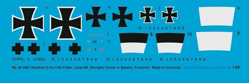 Peddinghaus-Decals 1:48 3887 Albatros D.VA Fritz Putter, Jasta 68 ...