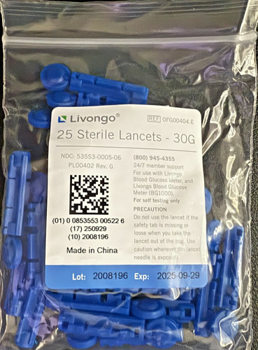 NEW! Livongo 30G Sterile Lancets Qty 200 (8 Packages of 25) EXP 09-29 ...