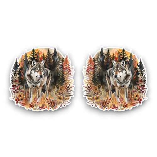 2x Small Wolf in Autumn Forest Landscape Watercolour Animal Vinyl ...