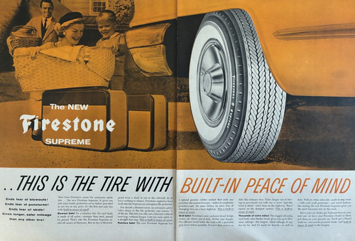 1950s Firestone Tire New Supreme Built In Peace Of Mind Vintage 2 Page Print Ad | eBay