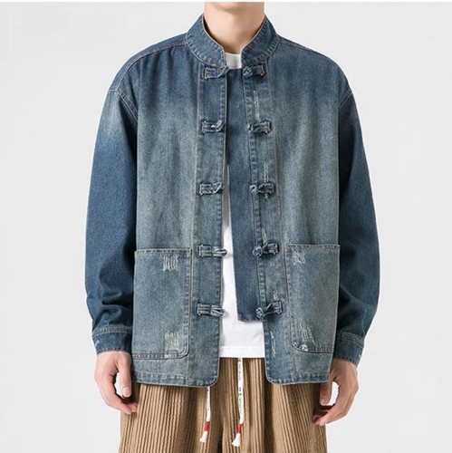 Mens Retro Blue Denim Jean Jacket Button Up Band Collar Coat Punk Hip ...