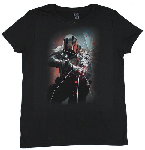 Judge Dredd Mens T-Shirt - Crouched Behind Bullet Shot Glass Image | eBay