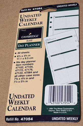 Mead Cambridge Undated WEEKLY Calendar Planner 6.75” x 3.75" Refill ...