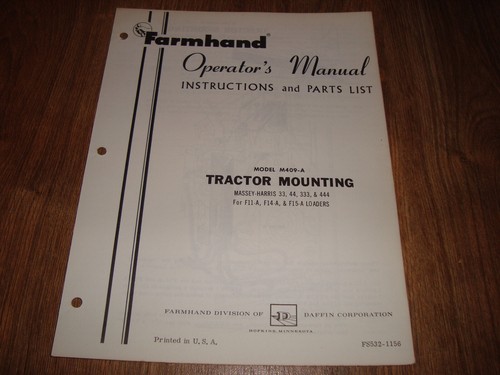 Farmhand Model M409-A Tractor Mounting Massey Harris Operators Manual ...