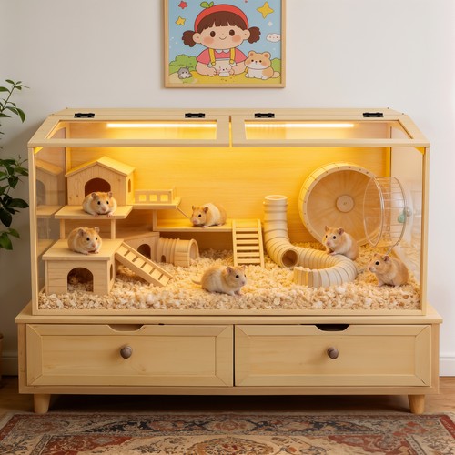 BingoPaw XL Large Wooden Hamster Cage Tempered Glass for Hedgehog ...