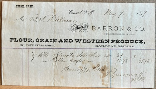 1877 Invoice Barron & Co Concord NH Dealer in Flour Grain & Western ...