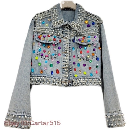 Women's Rhinestone Denim Beaded Jacket Button Casual Top Short Coat ...