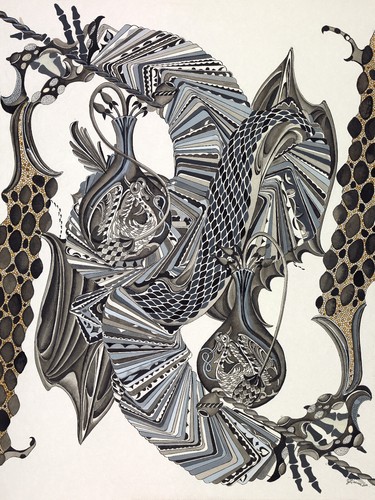 Ink Drawing Abstract Surreal Gray ALCHEMY cards serpent 16 x 20 | eBay