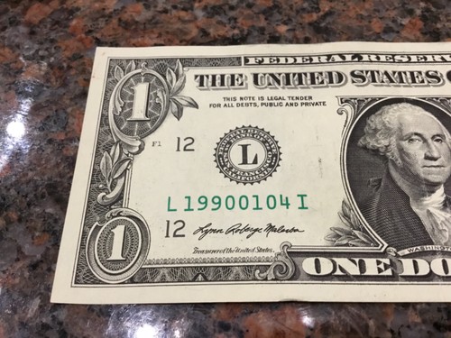 FANCY SERIAL NUMBER 1 DOLLAR BILL BIRTHDAY ANNIVERSARY JAN. 04, 1990 ...