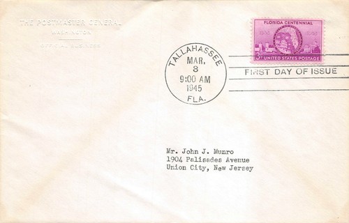 927 3c Florida Statehood oversized Postmaster General Official Business ...