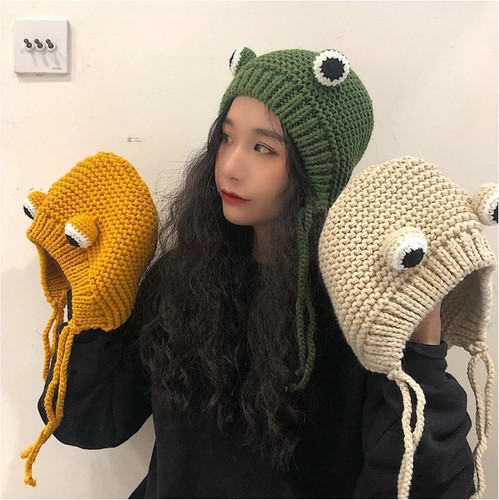 Crochet Knitted Frog Headband Hat Beanie Cute Cartoon Big Eyes Frog Hat ...
