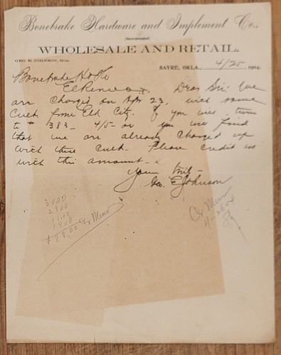 1904 Letterhead Oklahoma Territory Sayre Bonebrake Hardware Implement ...