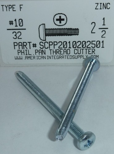 #10-32x2-1/2" Pan Phillips Thread Cutting Screws Type F Steel Zinc ...