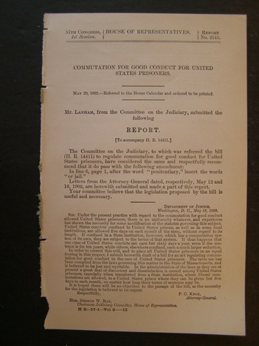 Government Report 1902 Commutation for Good Conduct for United States ...