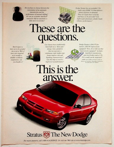Dodge Stratus Sedan Ad Vintage Magazine Print Mid-1990s Red Car Auto | eBay