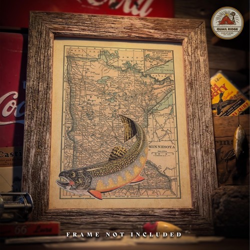 Brook Trout Fly Fishing Minnesota State Map Art Print Hunting Cabin ...