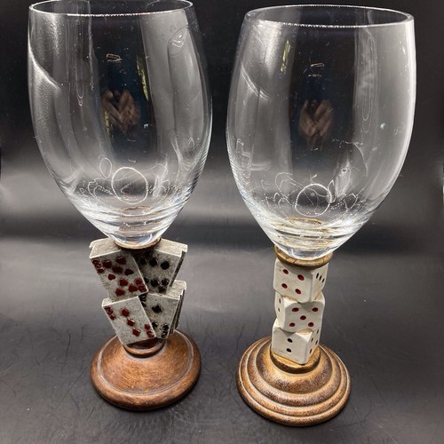 Vintage Poker Themed Wine Glasses Resin Dice Cards Wood Bases Man Cave ...