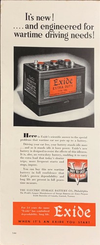 Vintage 1942 Exide Extra Duty Battery For Wartime Driving Print Ad ...