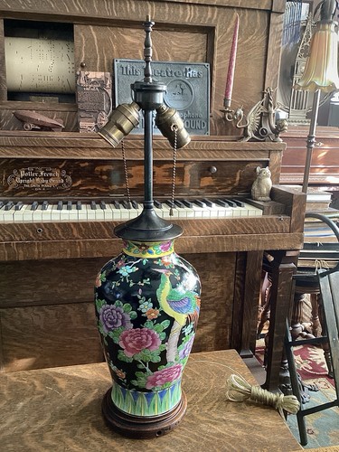 Japanese Cloisonné Style Vase Lamp Peony Bird Design Antique Asian ...