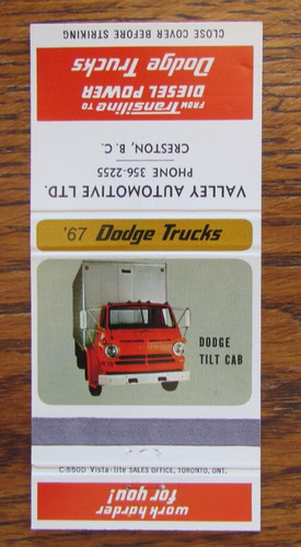 1967 DODGE TRUCK MATCHBOOK COVER: VALLEY AUTOMOTIVE CRESTON, BC ...